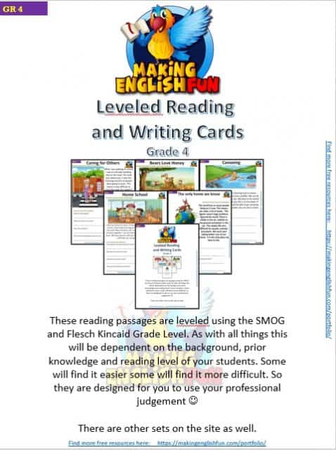Grade 4 – Reading / Writing Comprehension Cards for KindI, Primary and ...