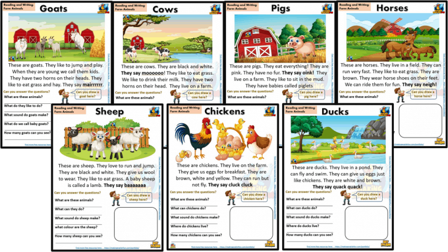 Reading and Writing Comprehension Cards – Farm Animals – Kindergarten ...