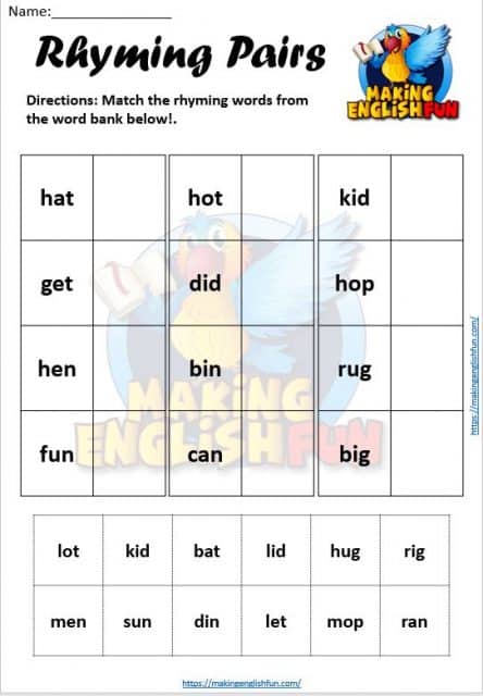 Rhyming Pairs five different worksheets – editableMaking English Fun