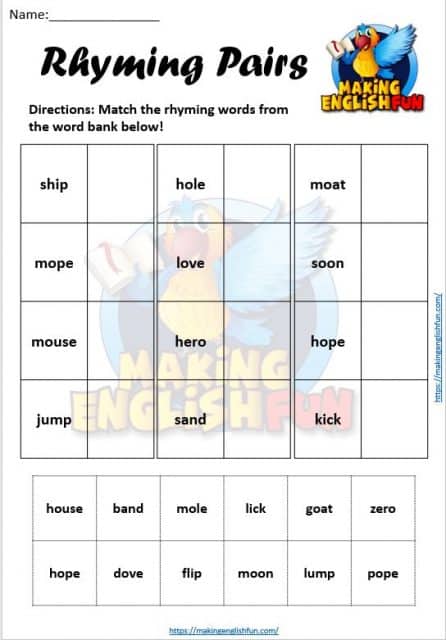 Rhyming Pairs five different worksheets – editableMaking English Fun