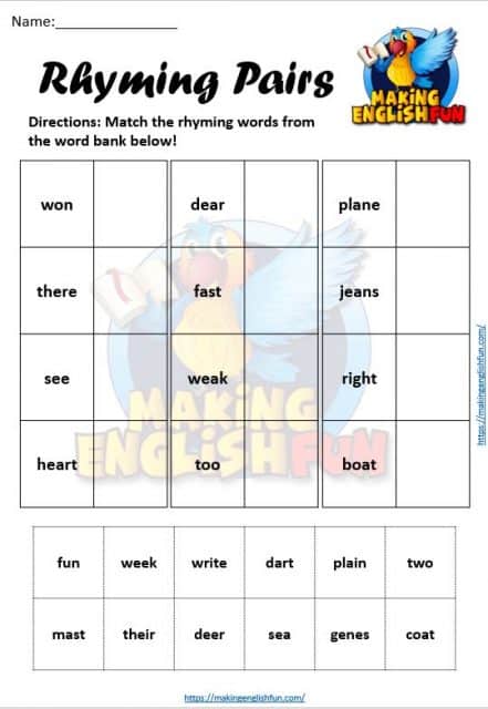 Rhyming Pairs five different worksheets – editableMaking English Fun