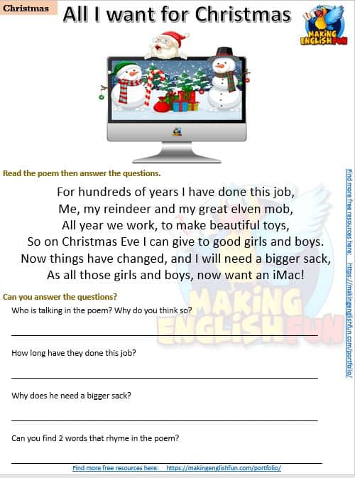 Christmas Comprehension Reading CardsMaking English Fun