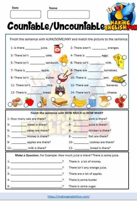 Free Countable and Uncountable Noun Worksheets.Making English Fun