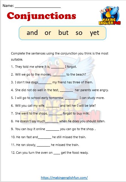 FREE Conjunctions WorksheetsMaking English Fun