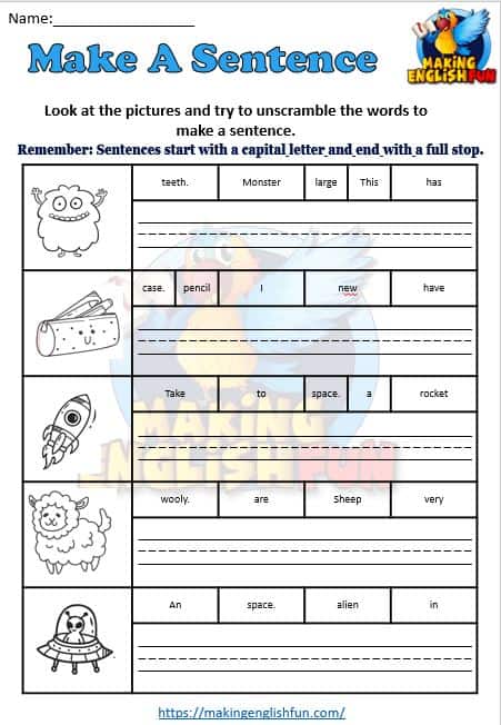 Make A Sentence Worksheets and Coloring: Set 3Making English Fun