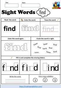 FREE Pre – K Dolch Sight Word Worksheets – ‘find’Making English Fun