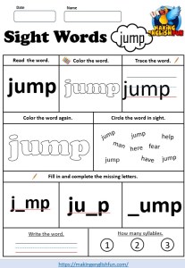 FREE Pre – K Dolch Sight Word Worksheets – ‘jump’Making English Fun