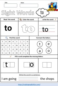 FREE Pre – K Dolch Sight Word Worksheets – ‘to’Making English Fun