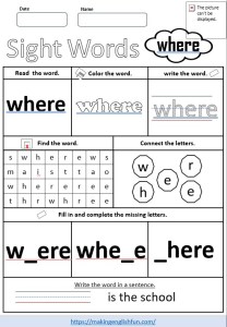 FREE Pre – K Dolch Sight Word Worksheets – ‘where’Making English Fun