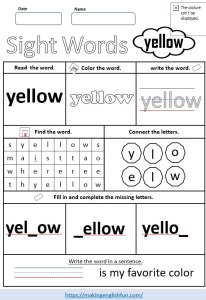 FREE Pre – K Dolch Sight Word Worksheets – ‘yellow’Making English Fun