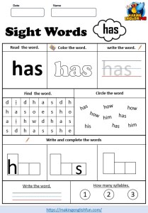 FREE Printable Grade 1 Sight Word Worksheet – “Has”Making English Fun