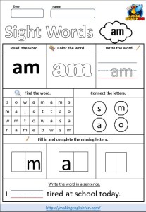 FREE Printable Kindergarten Sight Word Worksheet – “Am”Making English Fun
