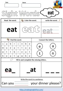 FREE Printable Grade 1 Sight Word Worksheet – “Eat”Making English Fun