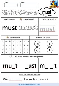 FREE Printable Kindergarten Sight Word Worksheet – “Must”Making English Fun