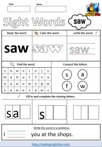 FREE Printable Kindergarten Sight Word Worksheet – “Saw”Making English Fun