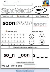 FREE Printable Kindergarten Sight Word Worksheet – “Soon”Making English Fun