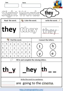FREE Printable Kindergarten Sight Word Worksheet – “They”Making English Fun