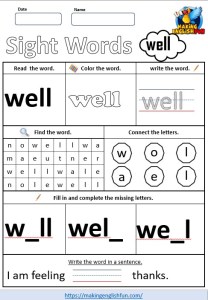 FREE Printable Kindergarten Sight Word Worksheet – “Well”Making English Fun