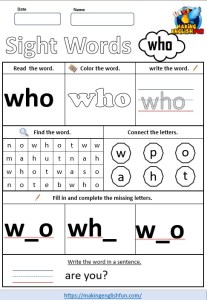FREE Printable Kindergarten Sight Word Worksheet – “Who”Making English Fun