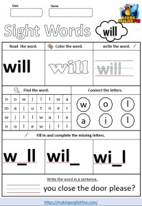 FREE Printable Kindergarten Sight Word Worksheet – “Will”Making English Fun