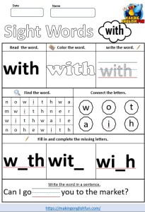 FREE Printable Kindergarten Sight Word Worksheet – “With”Making English Fun