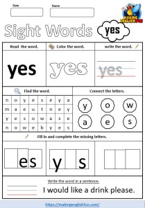 FREE Printable Kindergarten Sight Word Worksheet – “Yes”Making English Fun