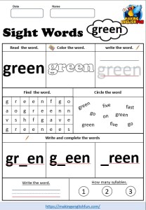 FREE Printable Grade 2 Sight Word Worksheet – “Green”Making English Fun