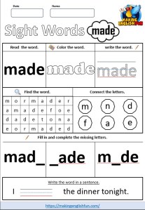 FREE Printable Grade 2 Sight Word Worksheet – “Made”Making English Fun