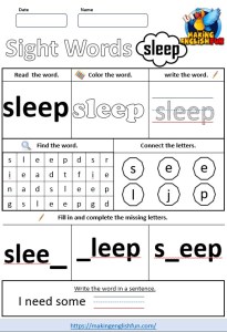 FREE Printable Grade 2 Sight Word Worksheet – “Sleep”Making English Fun